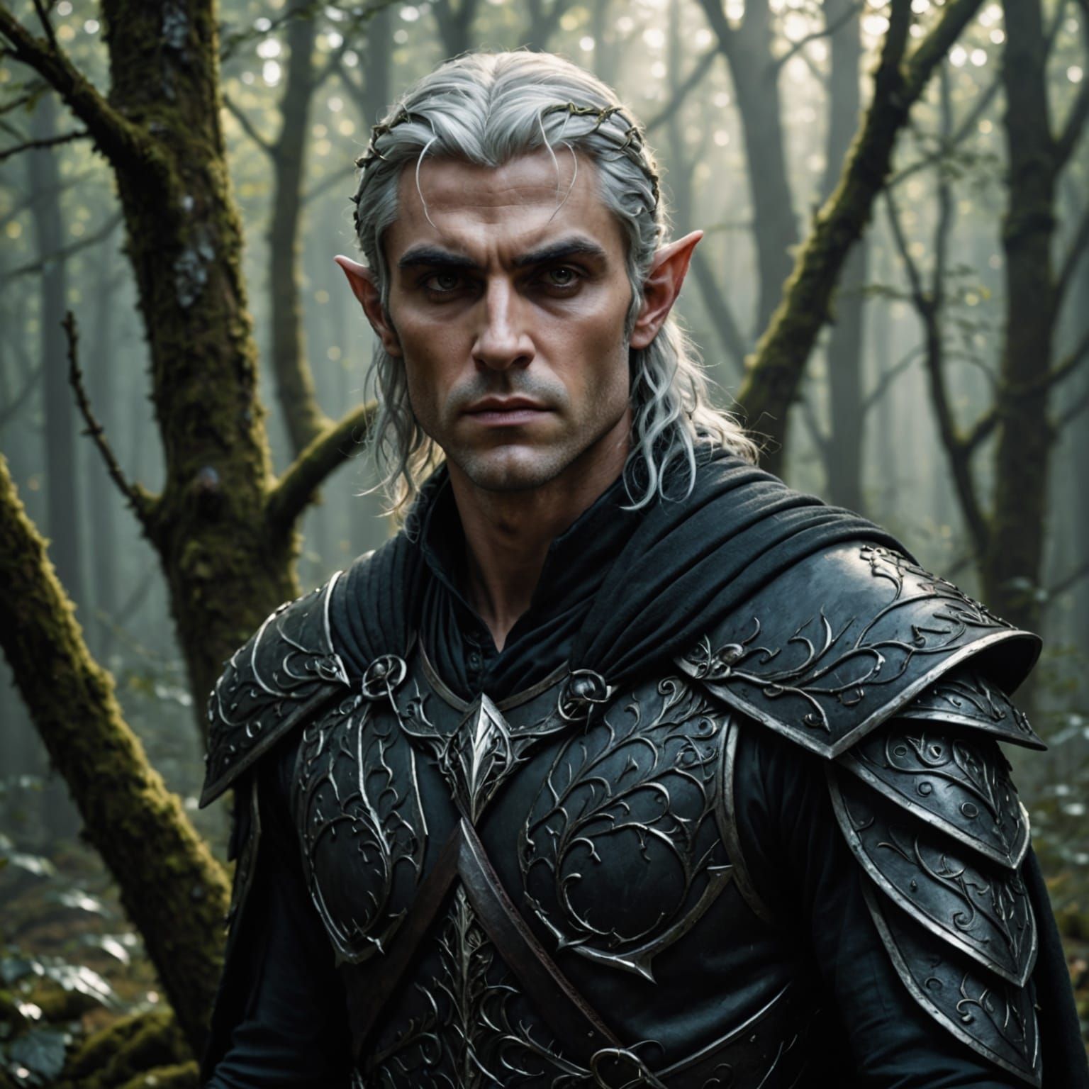 Stoic Drow Elf in an Enchanted Forest - AI Art