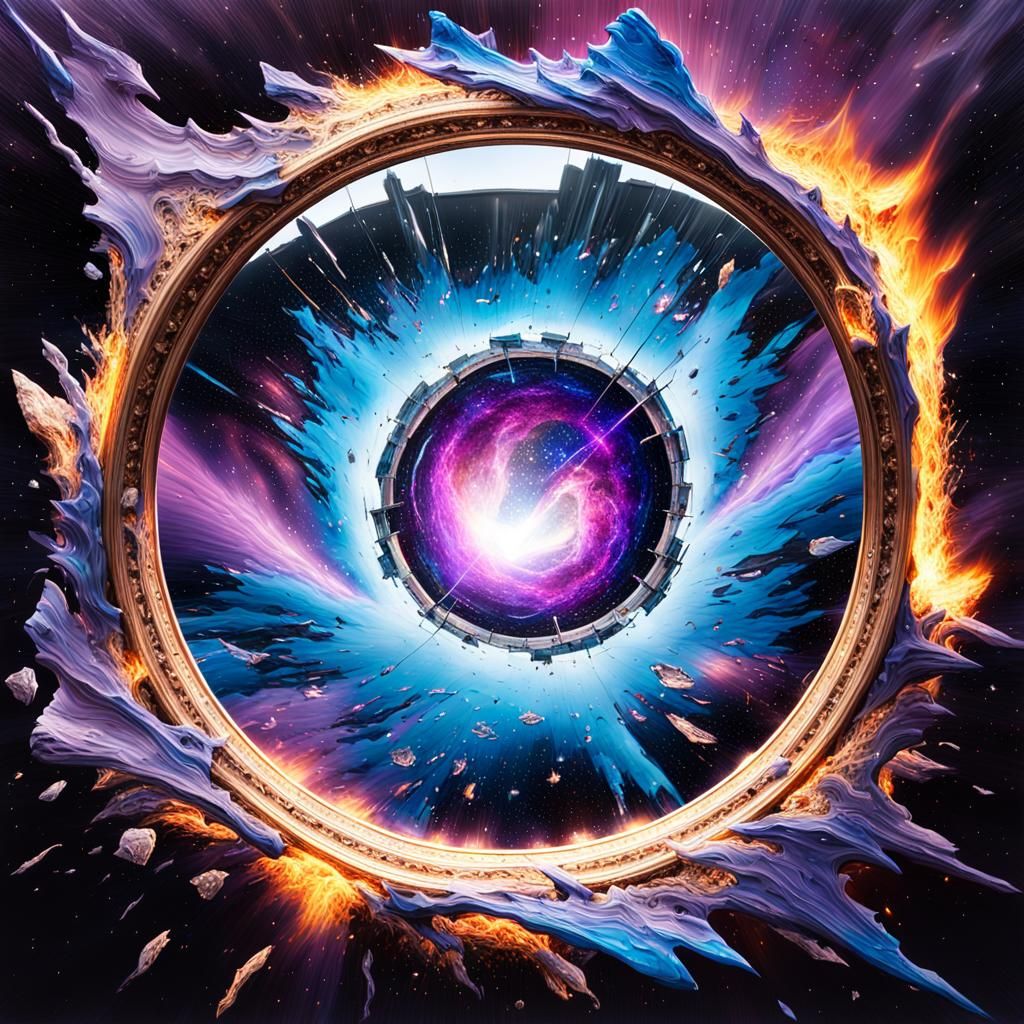 Cosmic Surrealism: Vibrant Galaxy in Mirror Fire - AI Art