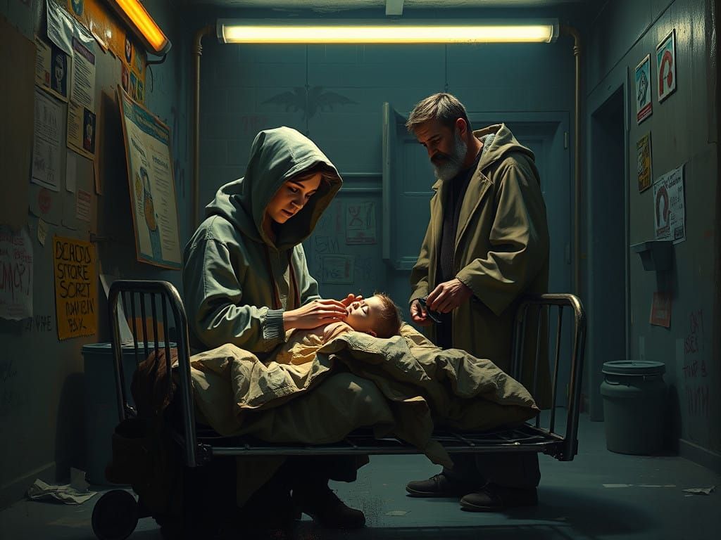 A Gritty, Modern Nativity Scene in a Homeless Shel... - AI Art