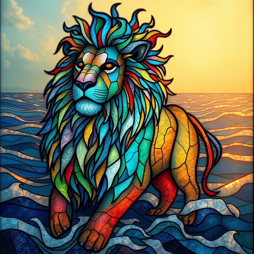 A surreal lion - Majestic Lion in Stained Glass Textures