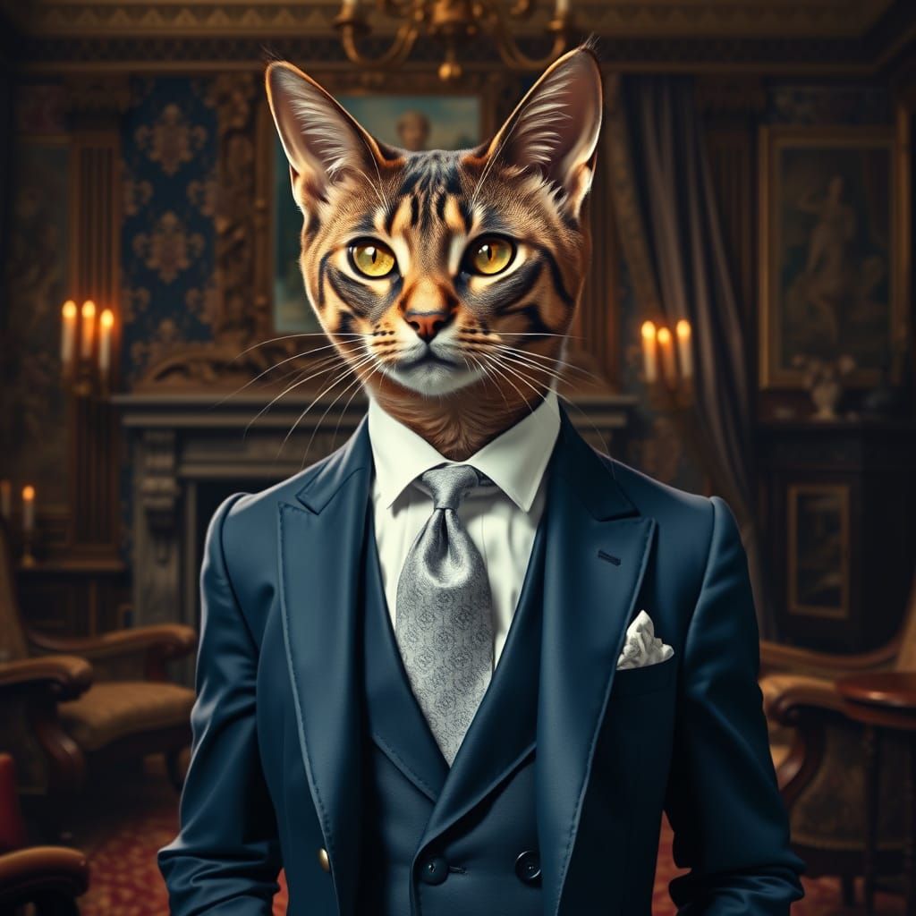 Regally Poised Cat in Elegant Study - AI Art