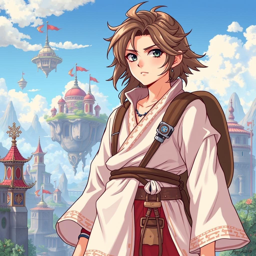 Visualize a protagonist from a retro-styled Japanese Role Playing Game ...