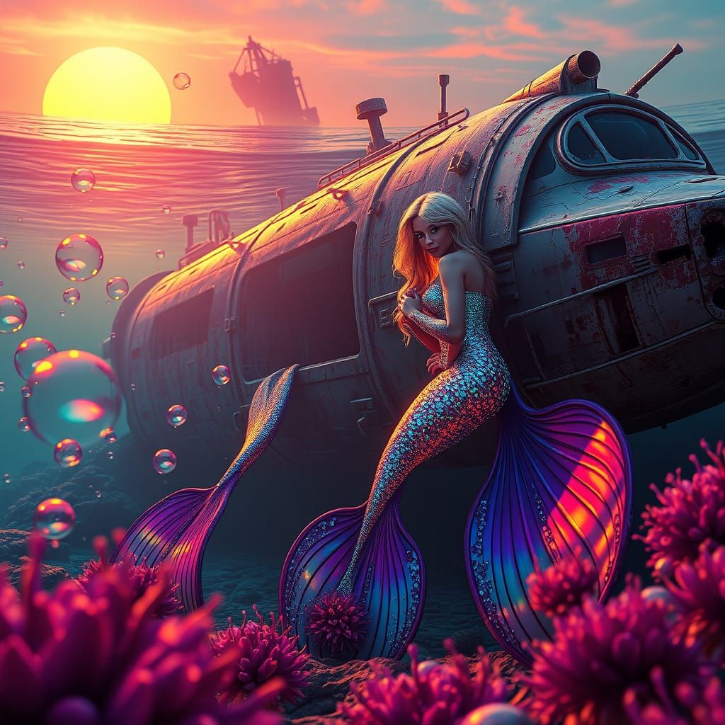 Mermaids Pose Beside Futuristic Spacecraft Wreck i... - AI Art