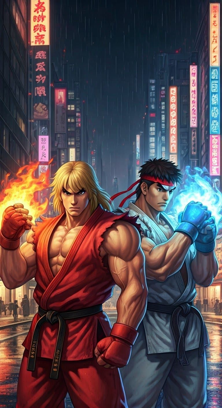 Tokyo Showdown: Ken Masters vs Ryu in a Blazing Ha... - AI Art