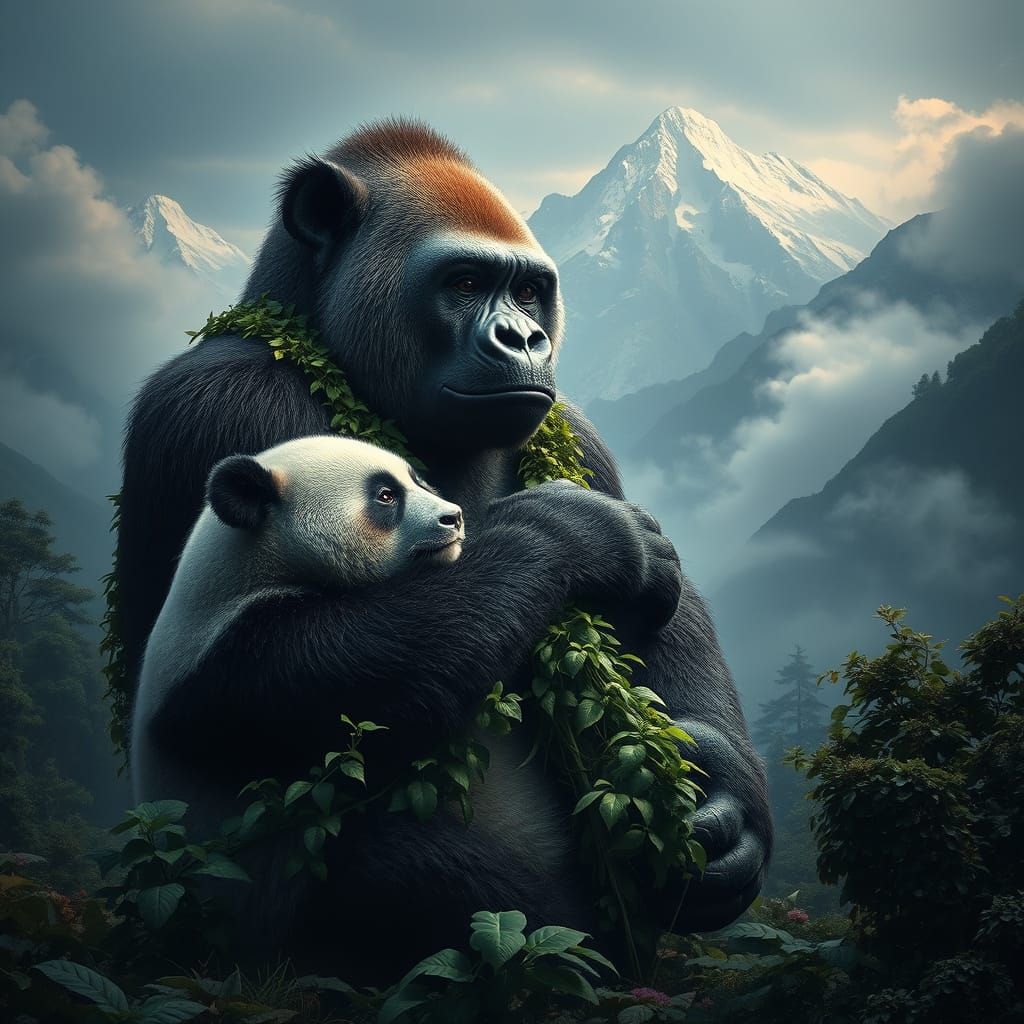 A panda daping up a gorilla - Majestic Panda and Gorilla Emb...