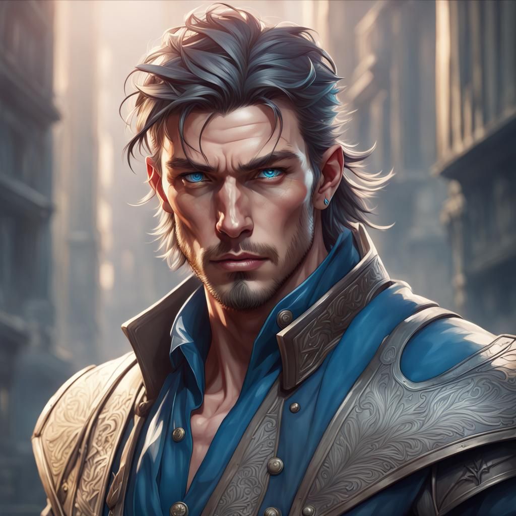 scoul, bow, blue eyes, yung male, hunter, fighter, full body portrait ...