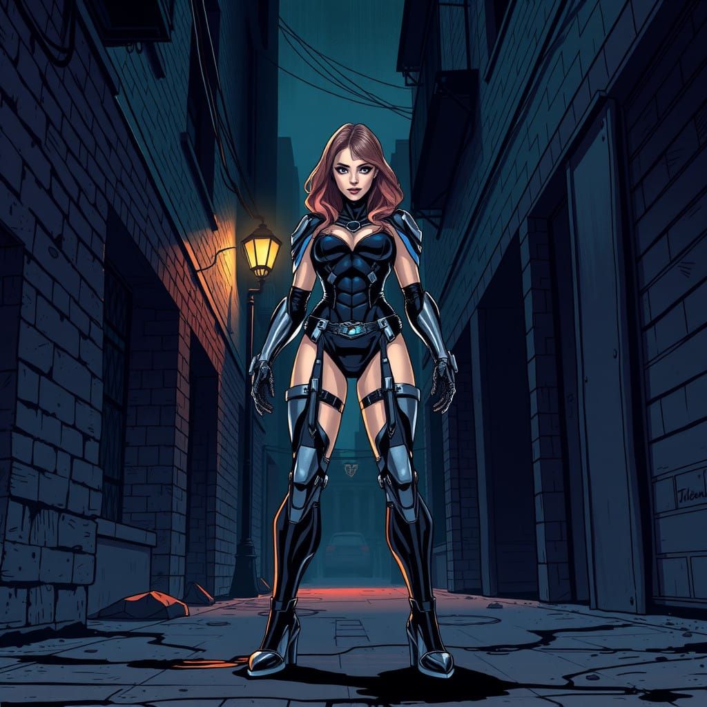 A dramatic and dynamic scene of a Female superhero With two prosthetic ...