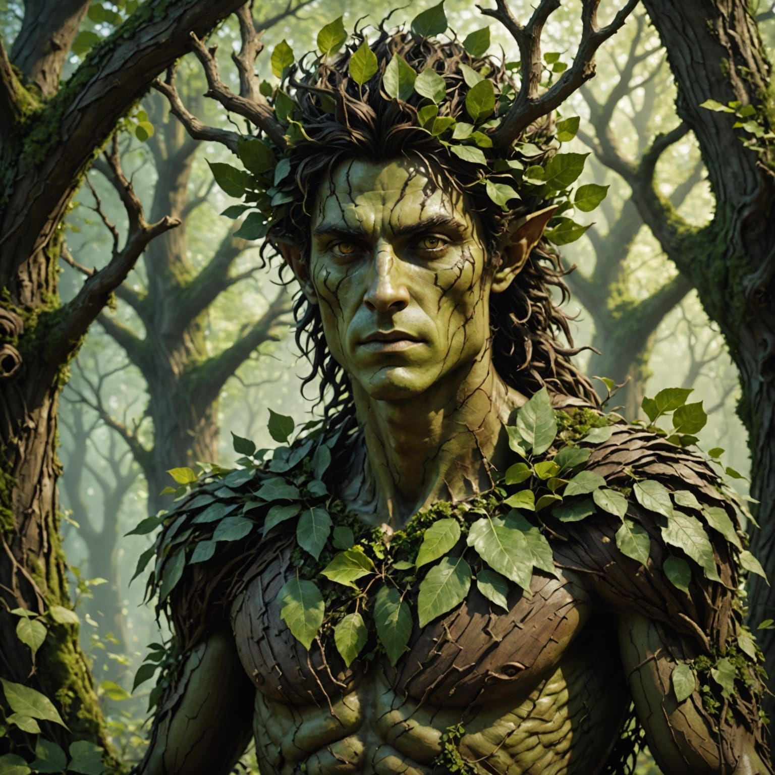 Dryad Figure in Bark and Leafy Attire - AI Art