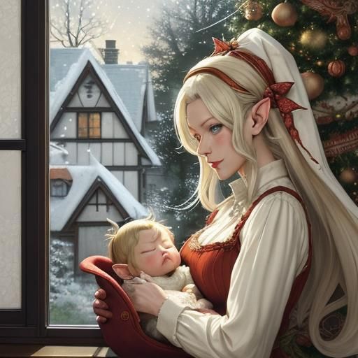 "Chibified adorable shimmering mother elf holding a sleeping sweet baby ...
