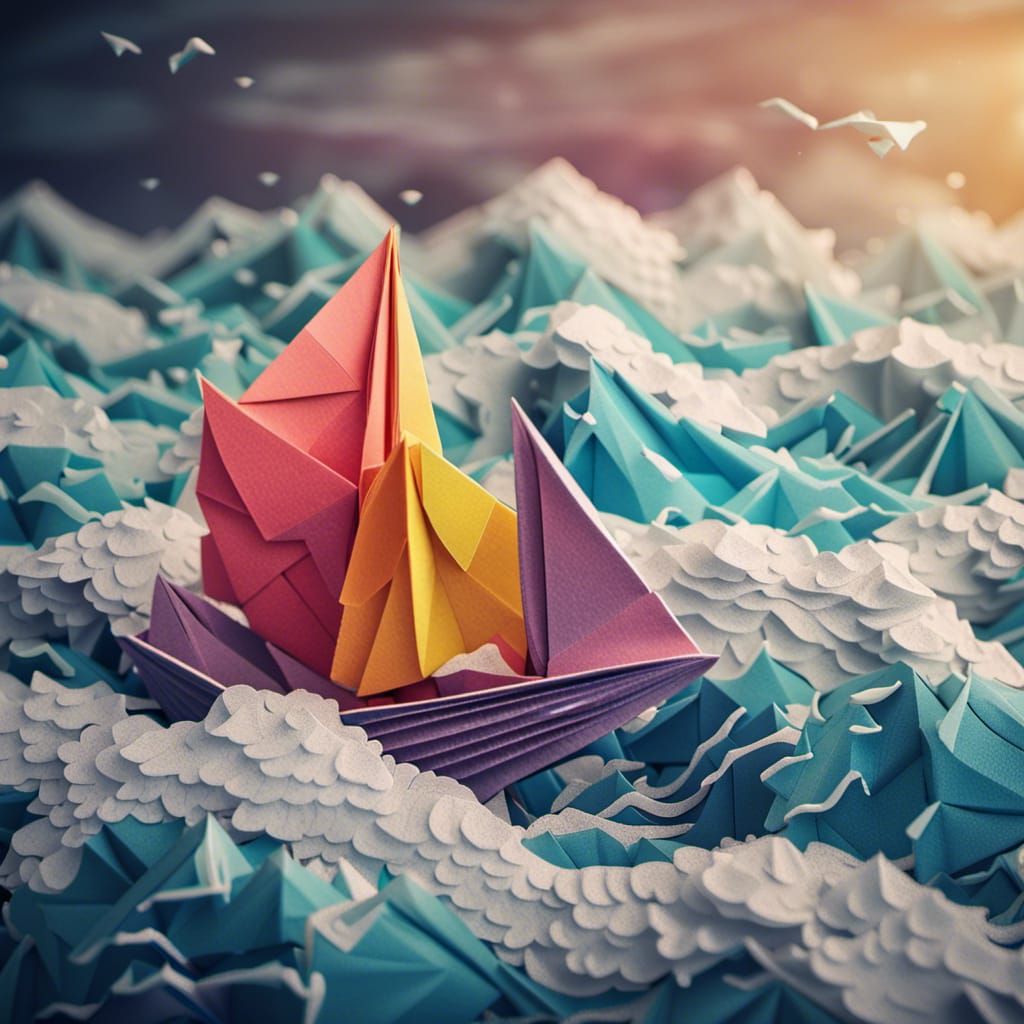 HYPERDETAILED BRIGHTLY COLORED ORIGAMI SHIP IN A STORM ON THE OCEAN ...