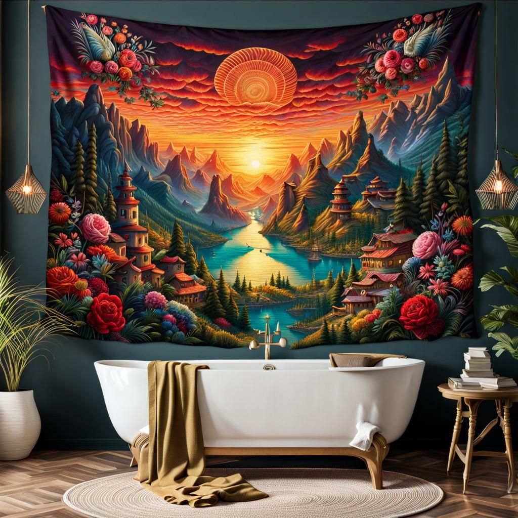 Beautiful embroidered wall tapestry amazingly hyperdetailed Epic ...