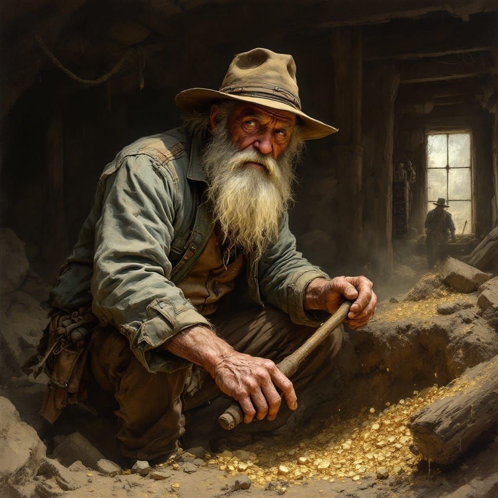 Weathered Prospector Digs for Gold in Dimly Lit Mi... - AI Art