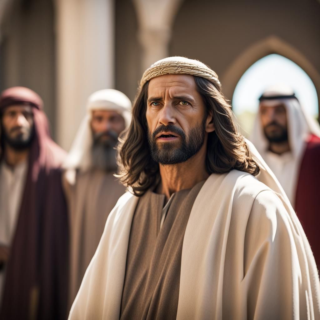 middle-eastern Jesus short hair confronting angry Pharisees - AI ...
