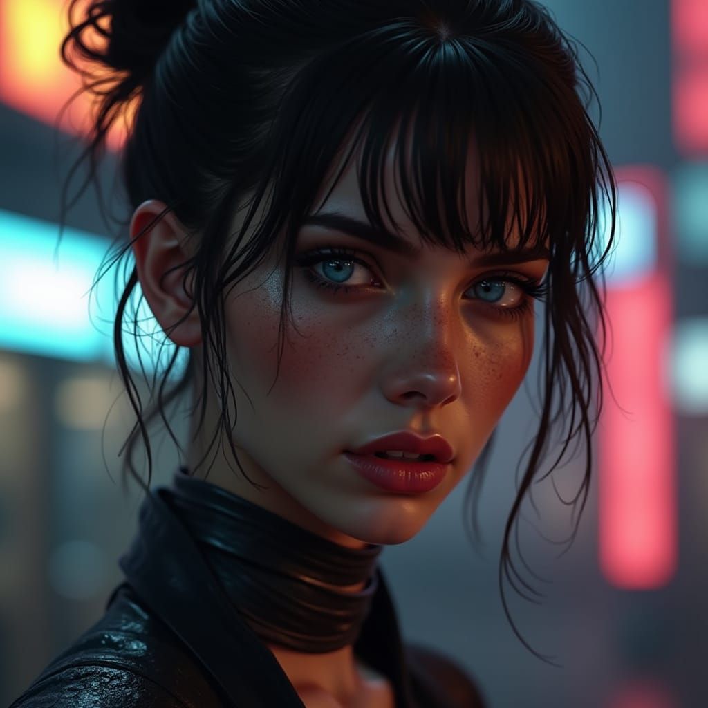 Cyberpunk Woman with Intense Blue Eyes - AI Art