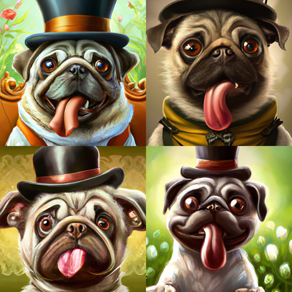 derpy pug with bulging eyes, wearing a tophat, tongue hanging out the side of his mouth, sitting ...