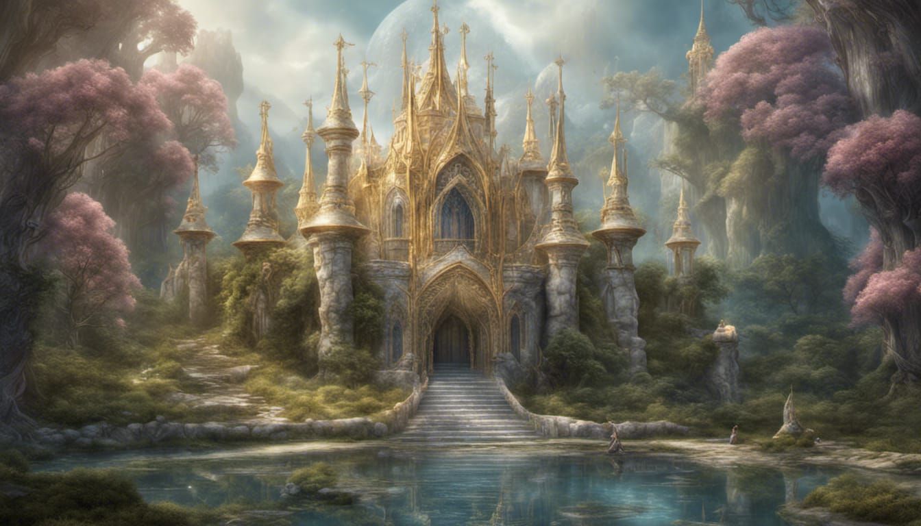 Create a faery palace made of opalescent materials wound with gold and ...