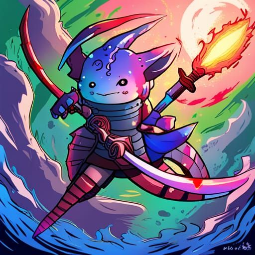 a blue axolotl standing on 2 legs dressed in samurai armor and a katana ...
