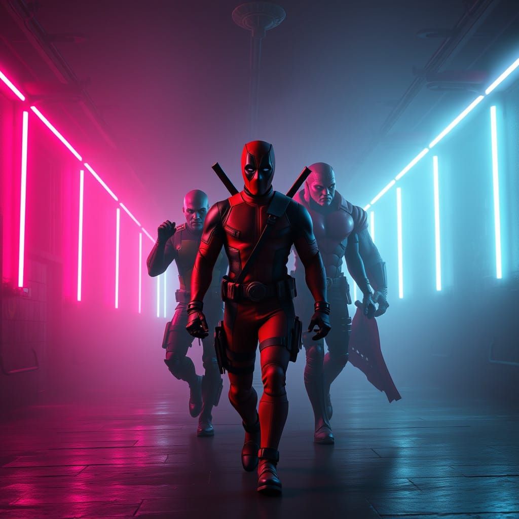 Deadpool and X-Men Heroes Navigate Futuristic Laby... - AI Art