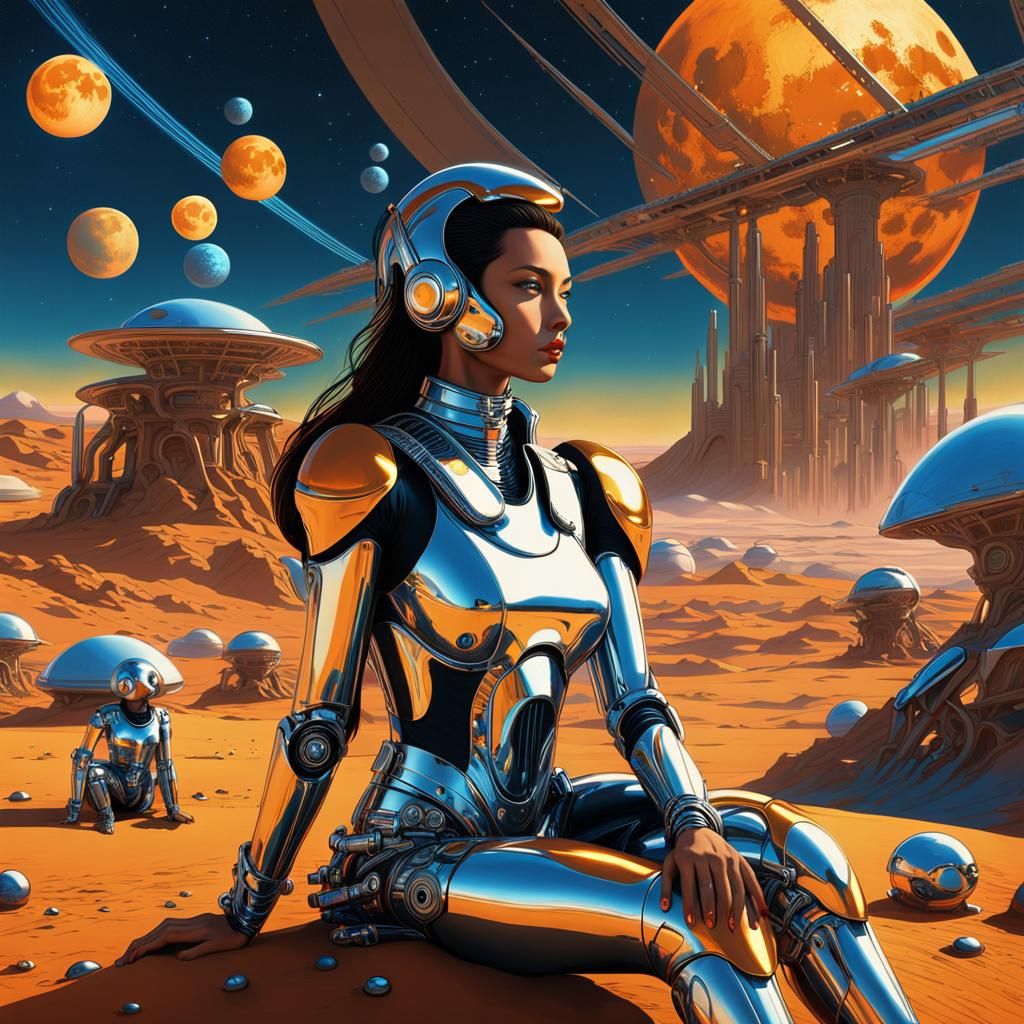 Chrome cyborg woman inspired by Hajime Sorayama, sitting in a Martian ...