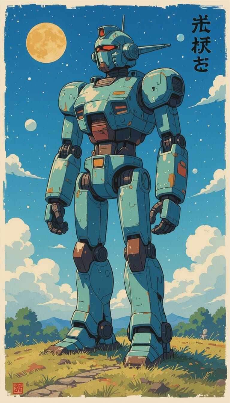 Manga Robot Poster in Impressionist Gouache Style - AI Art