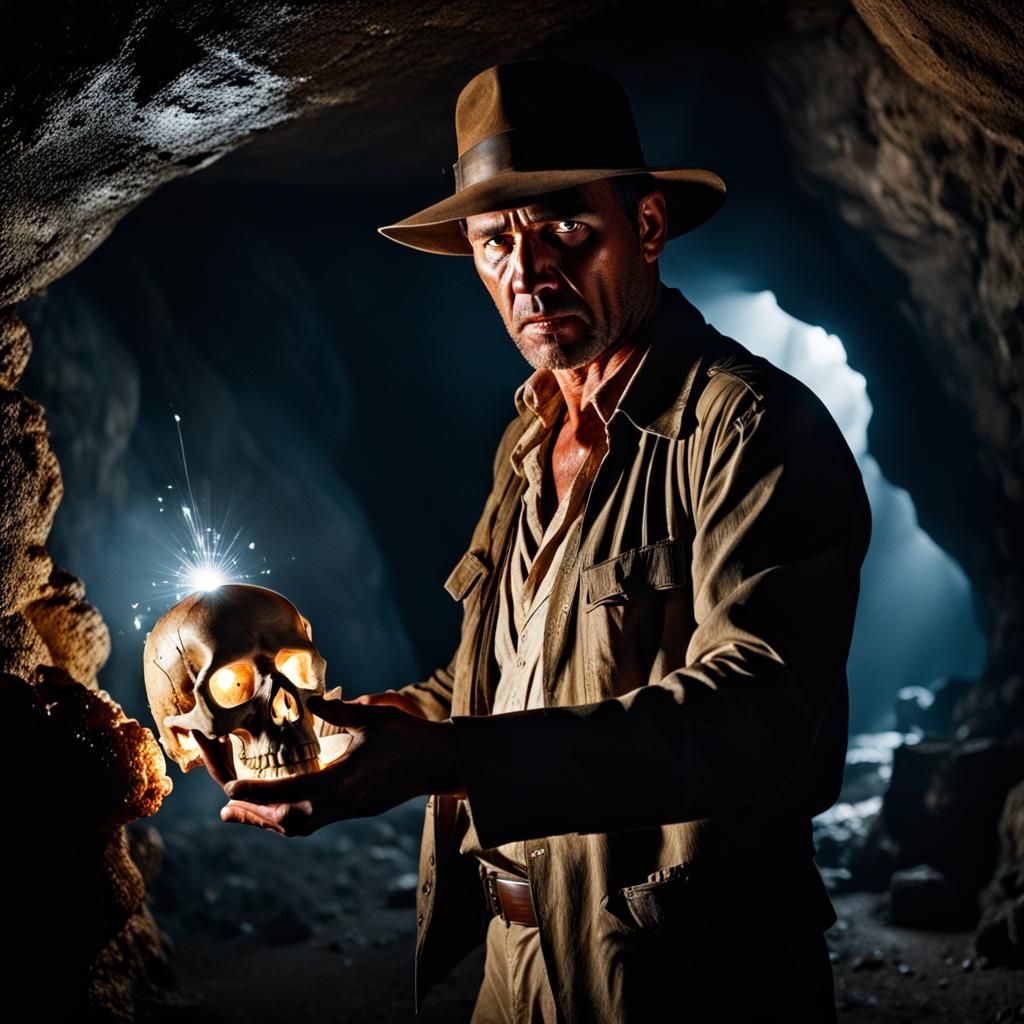 Indiana Jones with a crystallized skull in hand - AI Generated Artwork ...