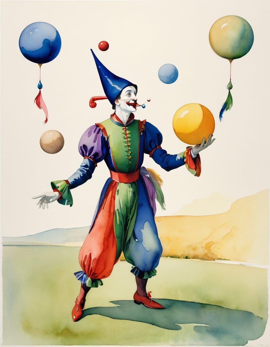 Jester, juggling multi-colored objects