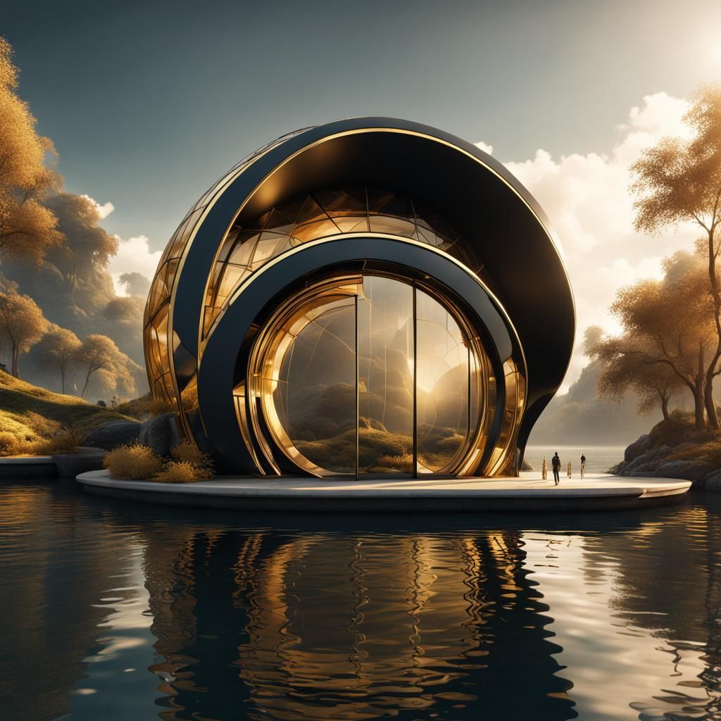 Abstract Lake Home: Gold, Black, and Glass Archite... - AI Art