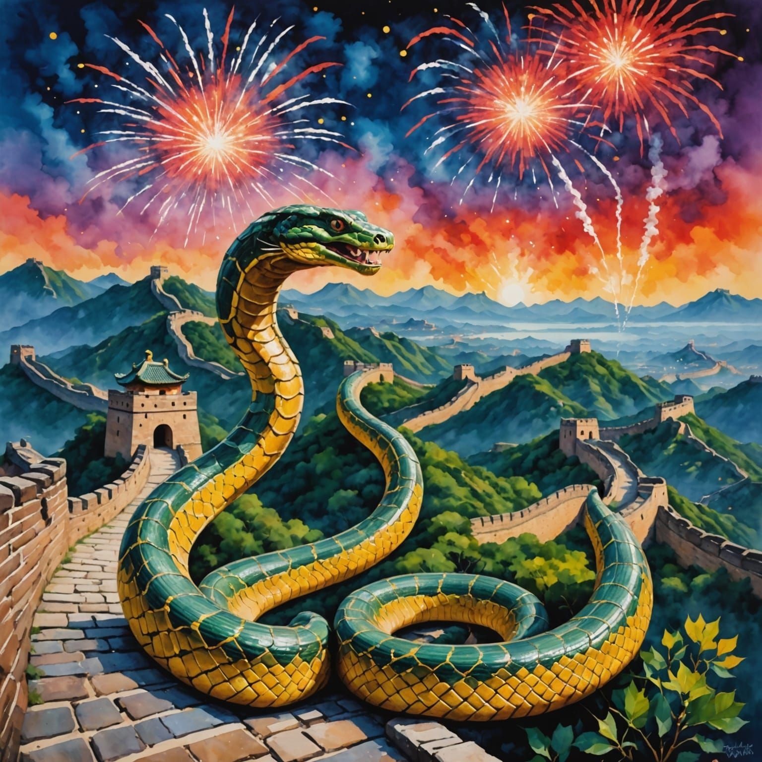 Year of the Snake - 2025 - Epic Gouache Masterpiece of Chine...