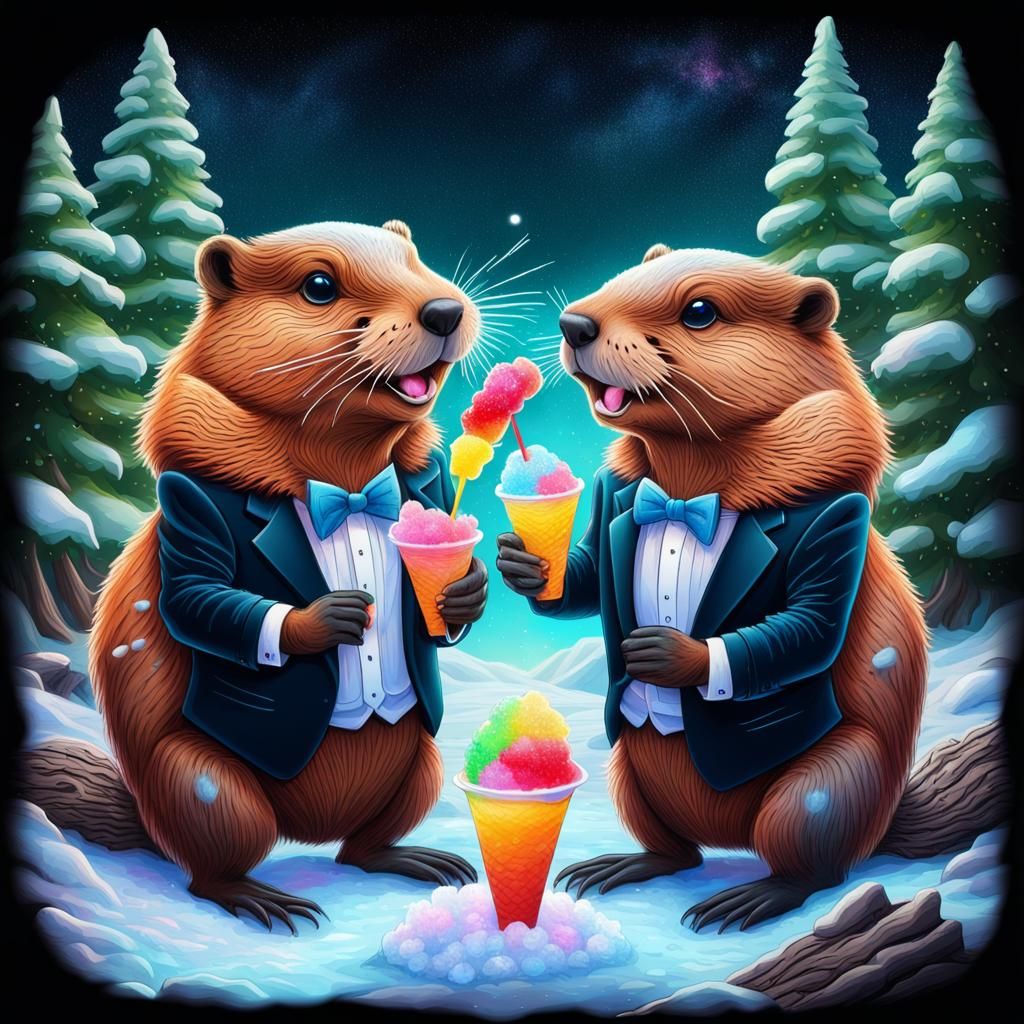 Two Beavers in Tuxedos sharing snow cones II - AI Generated Artwork - NightCafe Creator