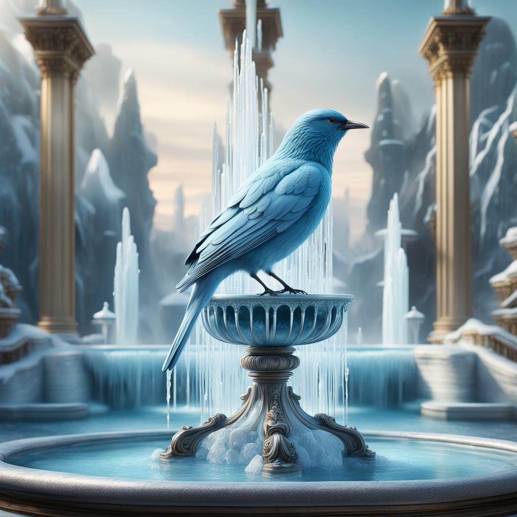 large ice pale blue bird near a crystal fountain - AI Generated Artwork ...