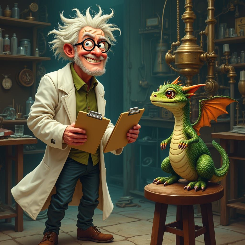 Time-Traveling Scientist Enjoys Ride with Small Dr... - AI Art