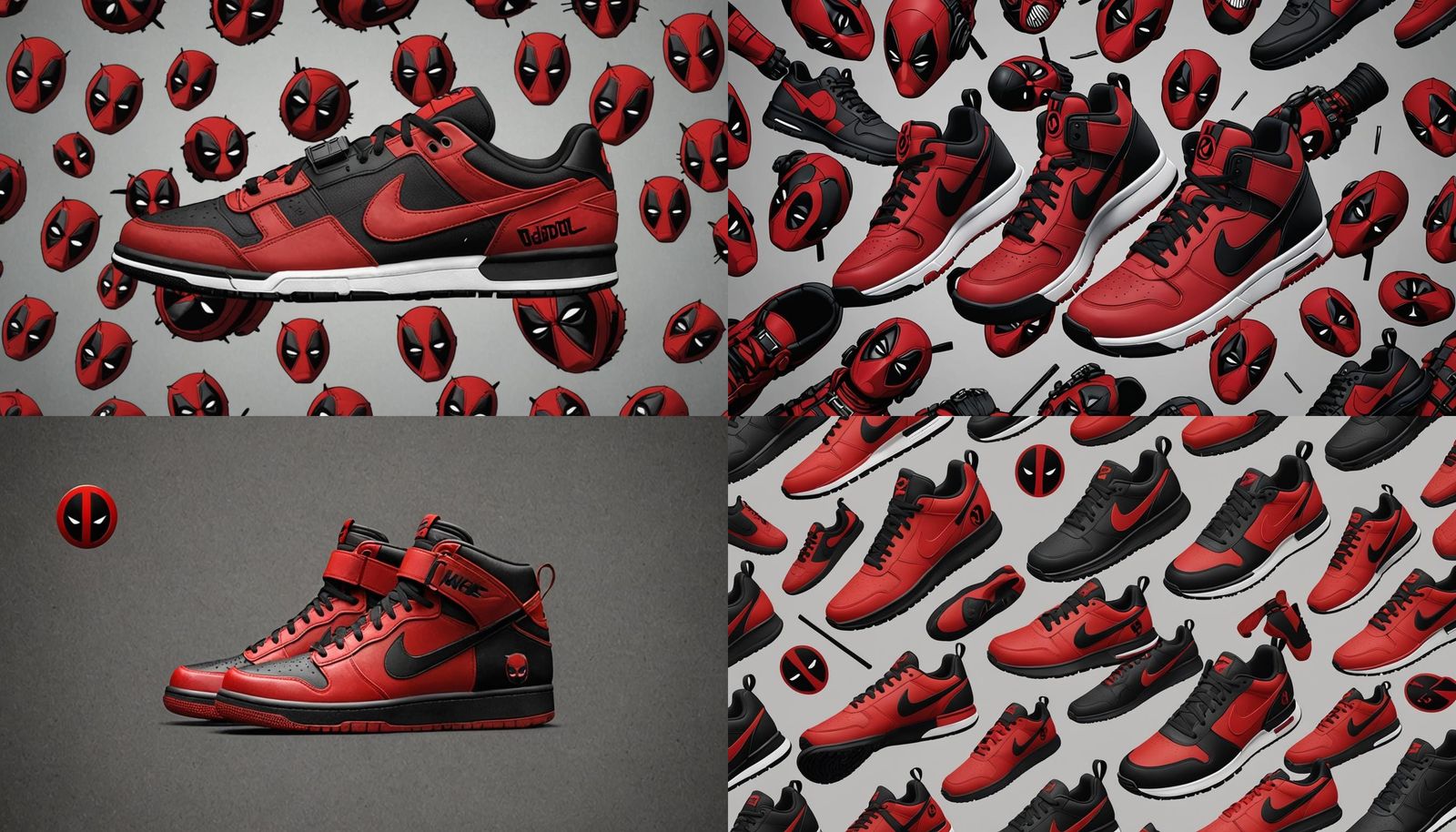 Sneaker design, nike, Deadpool style, Deadpool Logo, insanely detailed