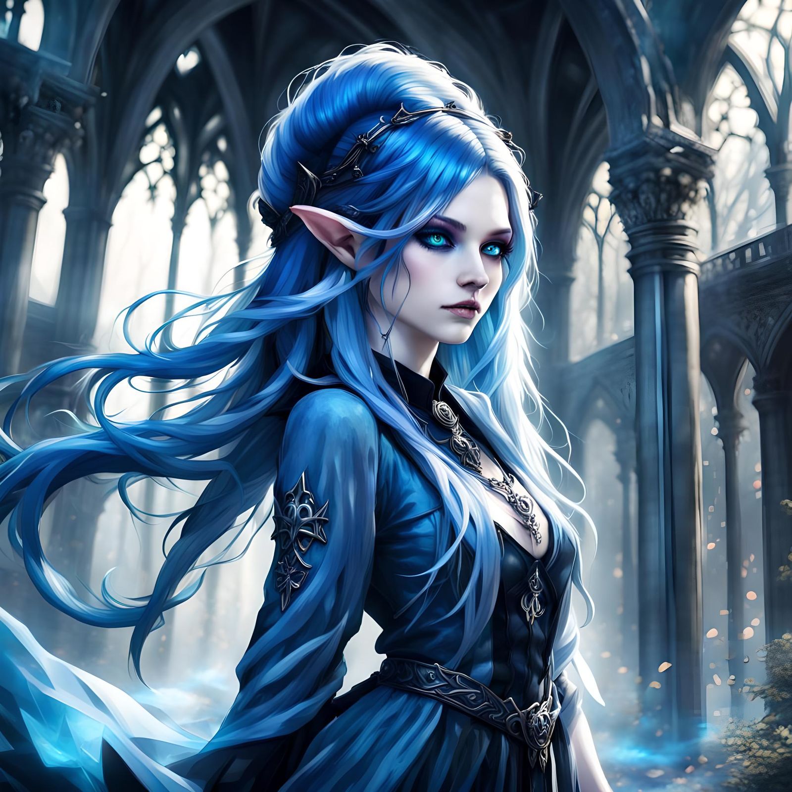 Closeup Of Female Goth Elf Exuding Rich Brightness Luminous Blue Hair Dynamic Lunge Dramatic