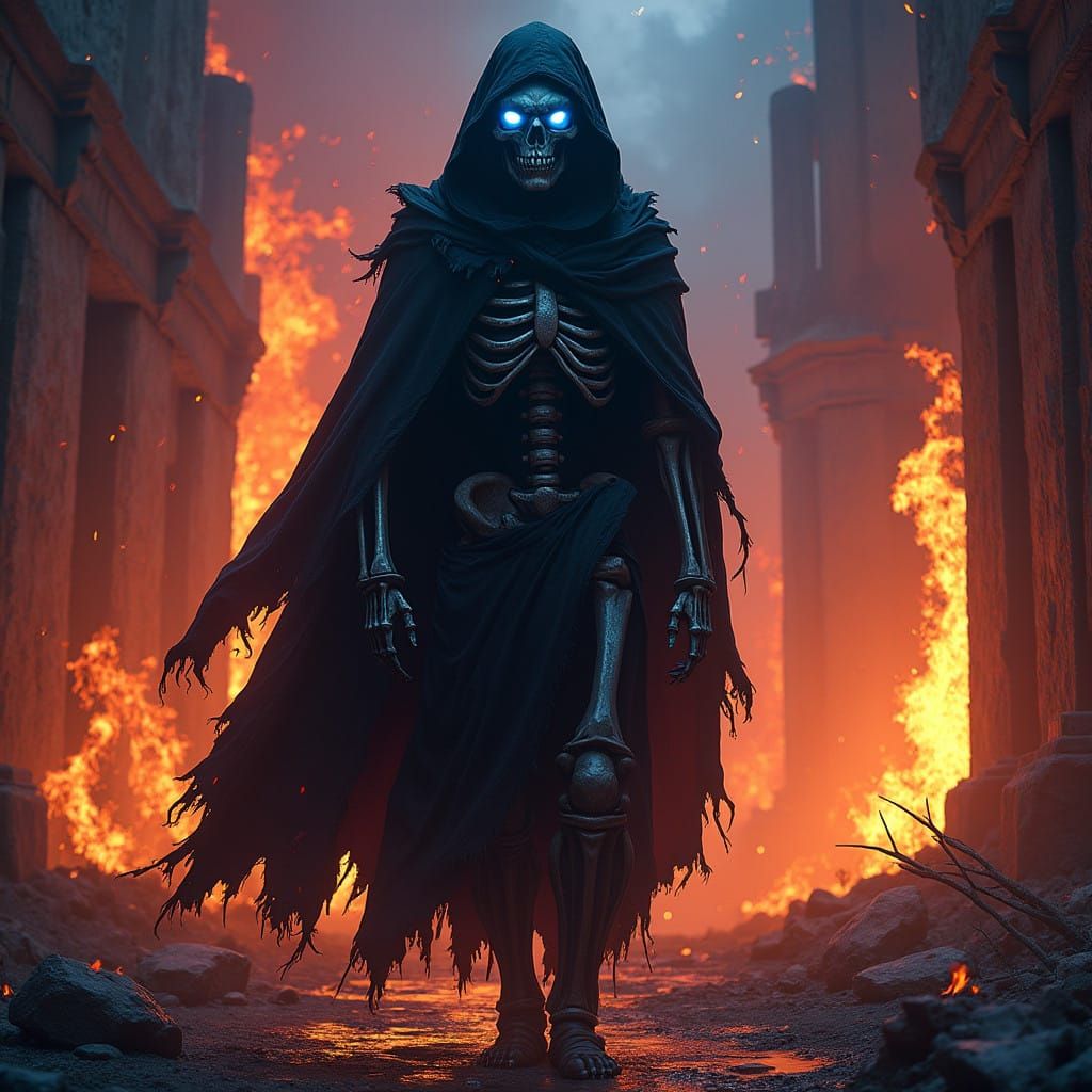 Skeletal Grim Reaper Walks Through Fiery Ruins in ... - AI Art