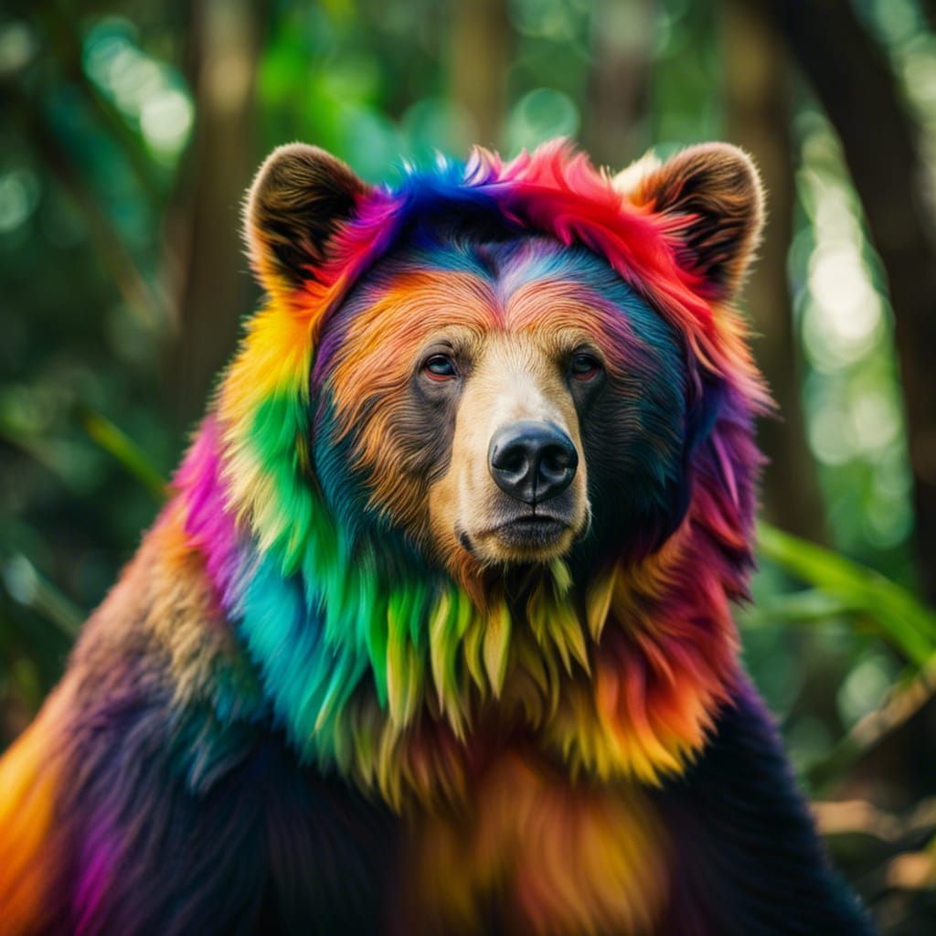 Closeup portrait of a beautiful colorful Bear, in the jungle, bright ...