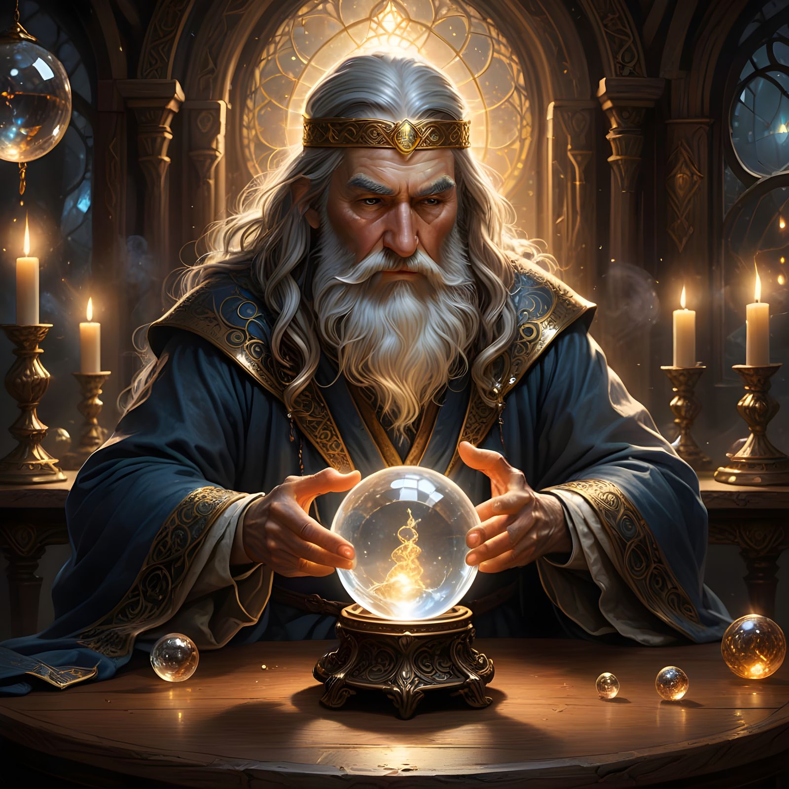 wizard and his crystal ball - Mystic Wizard Contemplates the...