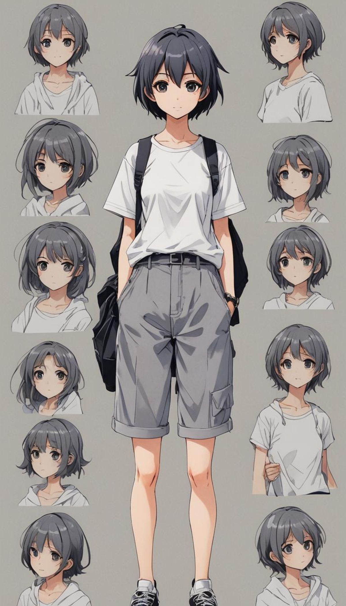 an anime girl that have cute face, 160cm tall, slim body, short hair ...