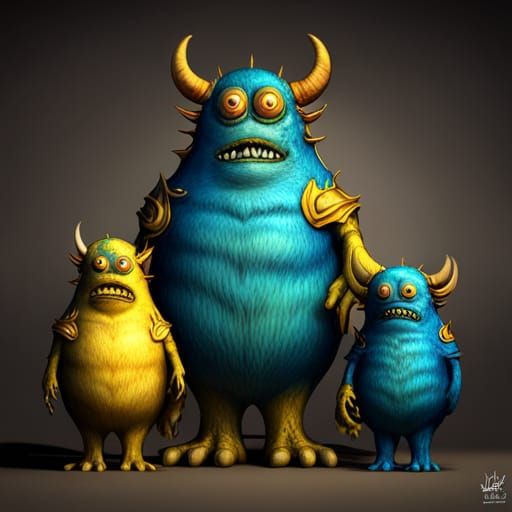 Blue and yellow monster family - AI Generated Artwork - NightCafe Creator