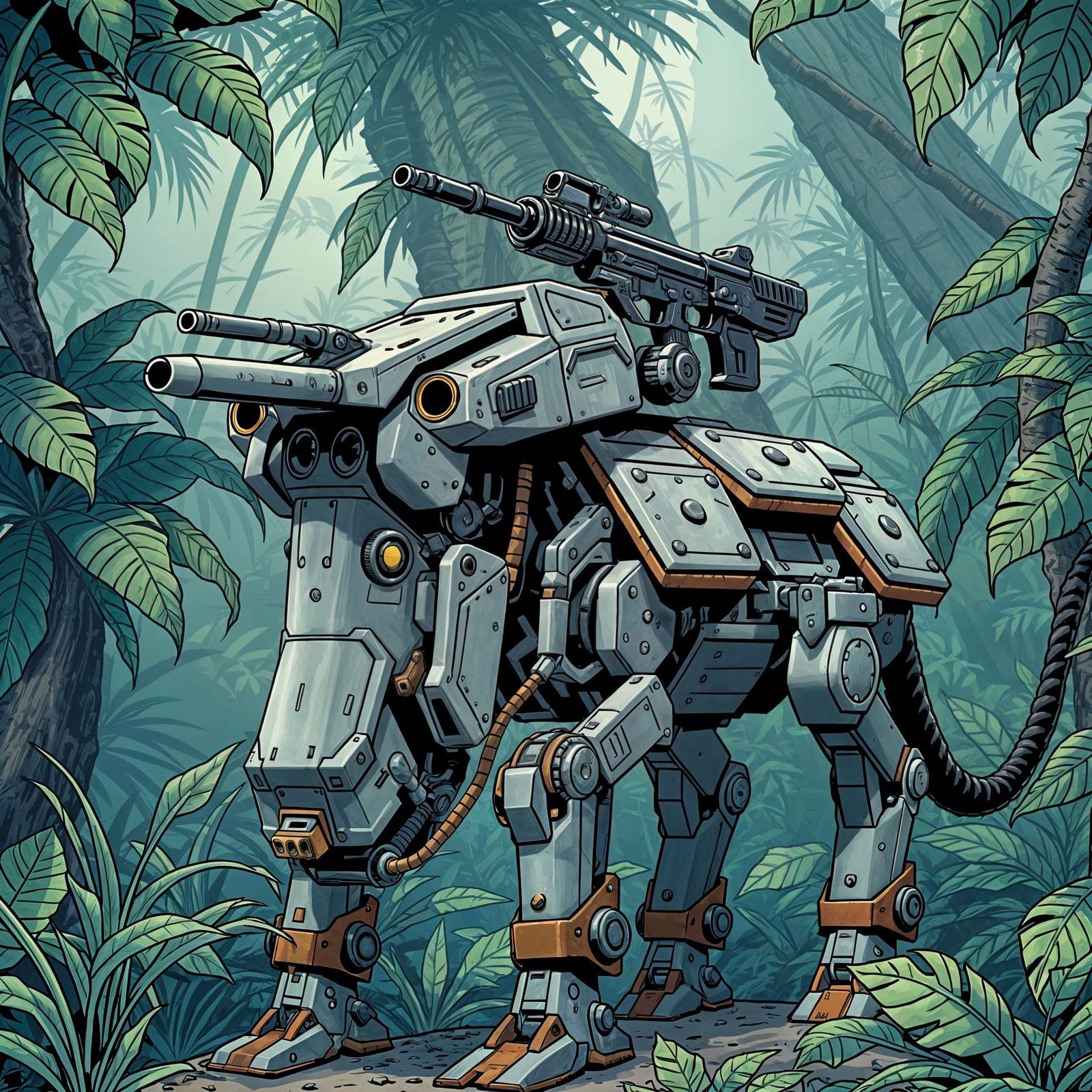 Armored Robotic Mule - Cyberpunk War Robot in Jungle Combat