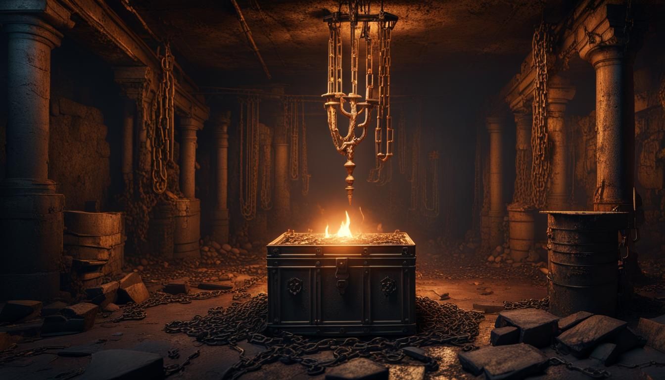 dark room,torches all around,rusty bars,crumbling stone,chains,old gold ...