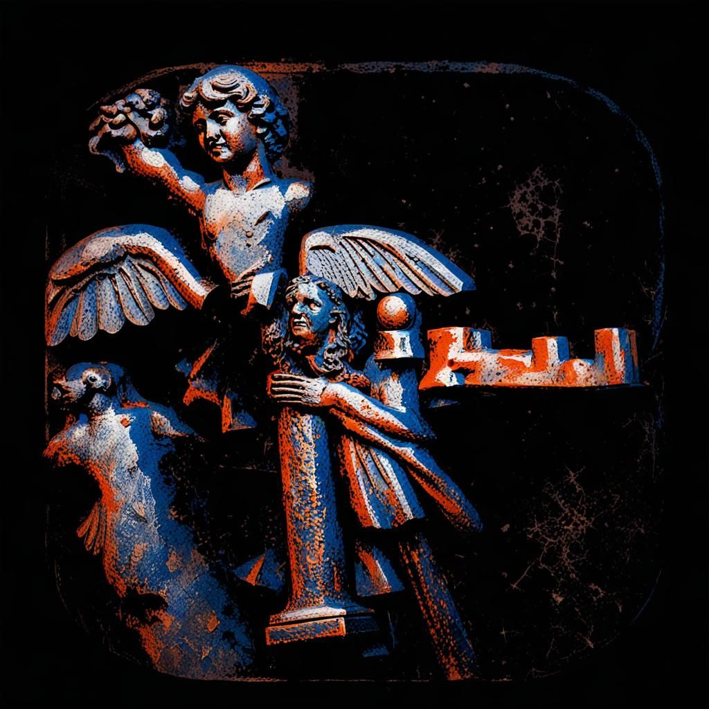 A newspaper halftone image of a sledgehammer beside a broken statuette ...