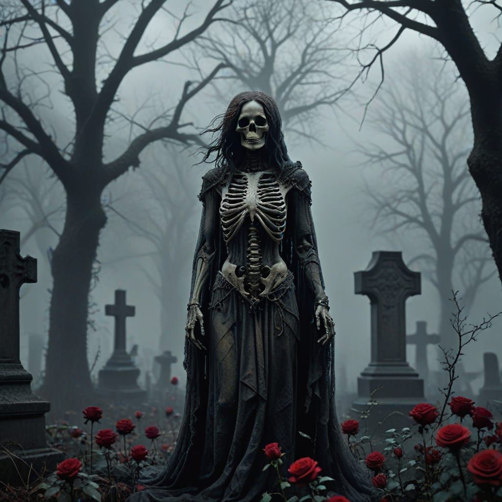 Skeletal Maiden - Ethereal Gothic Goddess in Macabre Landsc...