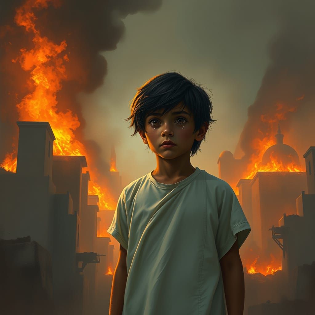 Desolate Egyptian Youth Amidst Burning Metropolis - AI Art