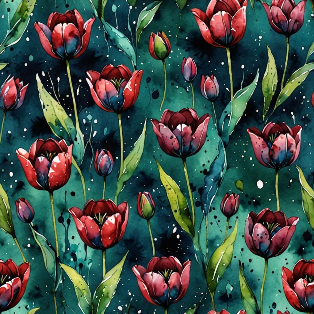 Dark Blue Green Abstract Watercolor Ink Splatter Flowers, 3d Dark ...