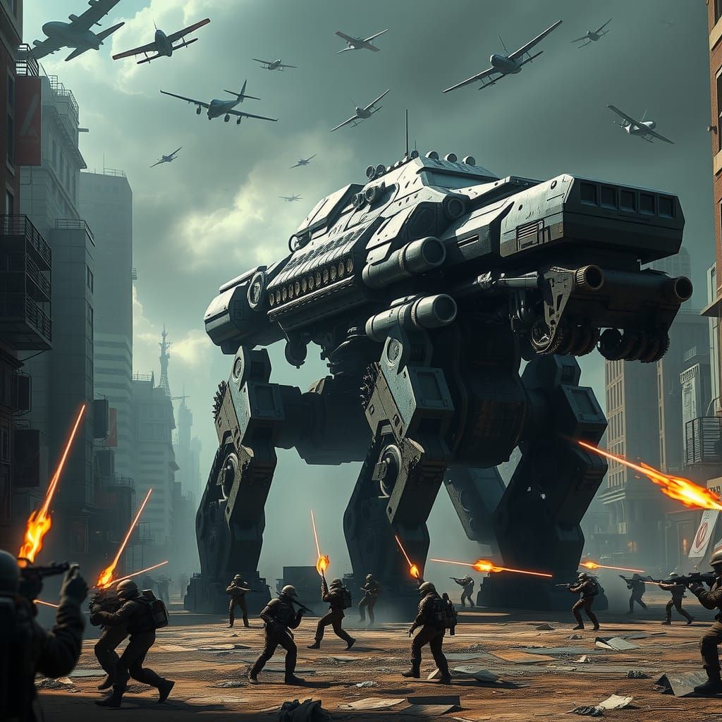 Gigantic High-Tech Mech Dominates Urban Battlefiel... - AI Art