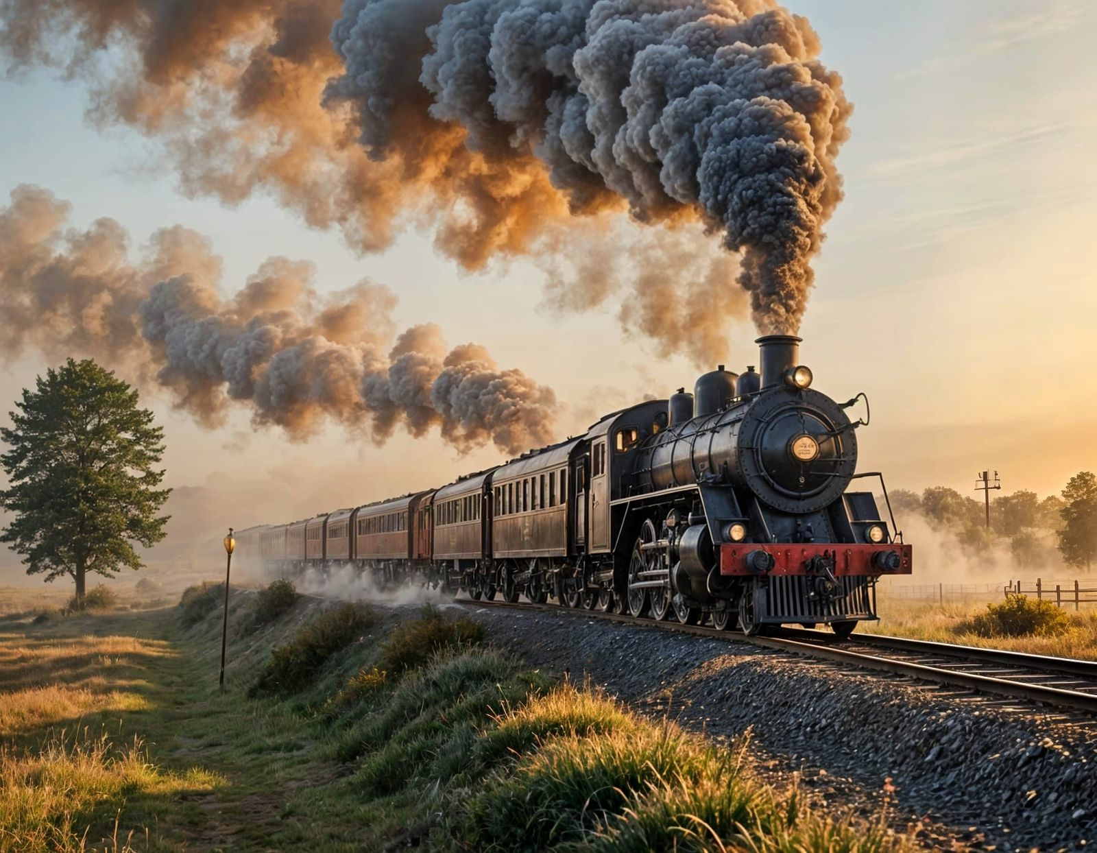 Vintage Steam Engine Train Chugs Through Foggy Lan... - AI Art