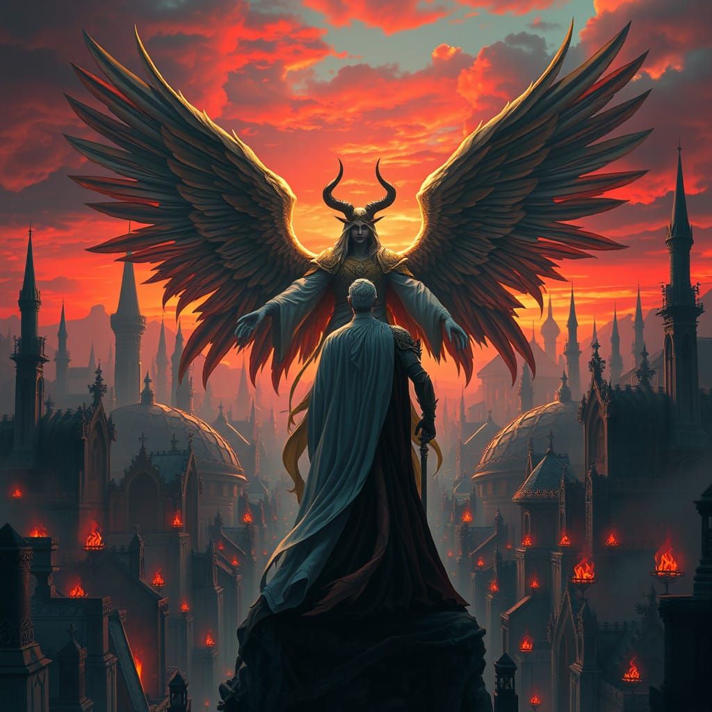 angel with devil - Ethereal Angel Confronts Dark Devourer in...