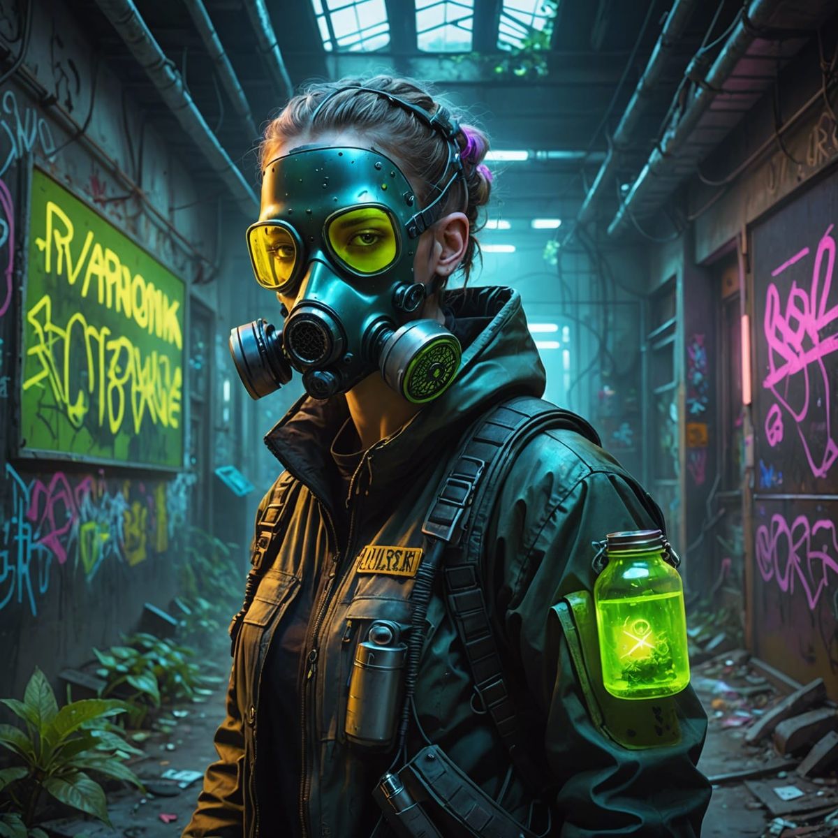 A cyberpunk half Android girl wearing a neon biopunk gas mask over his ...