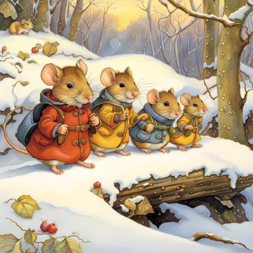 The cute little mice hiking in the snow ,Brambly Hedge, by Jill Barklem ...
