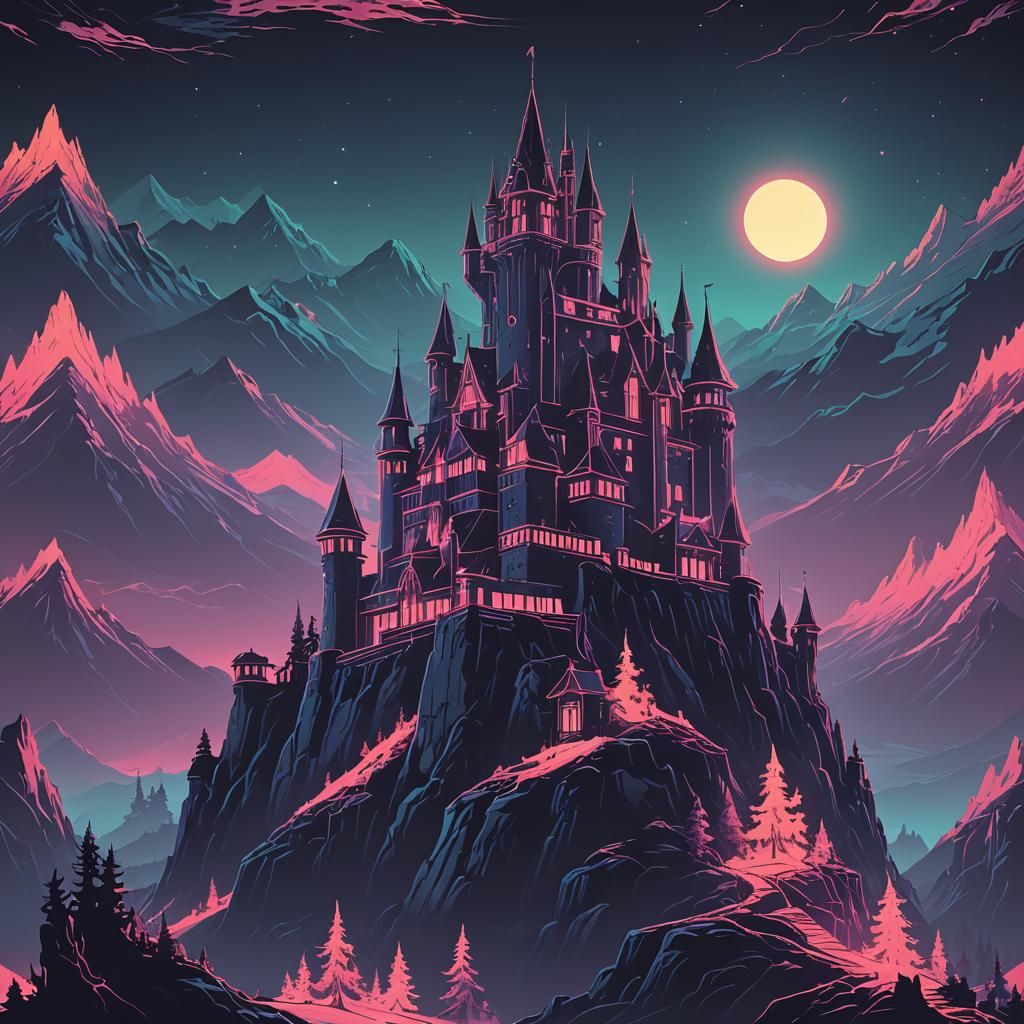 Glowing neon horror, mountain castle, moon, werewolf, minimalist ...